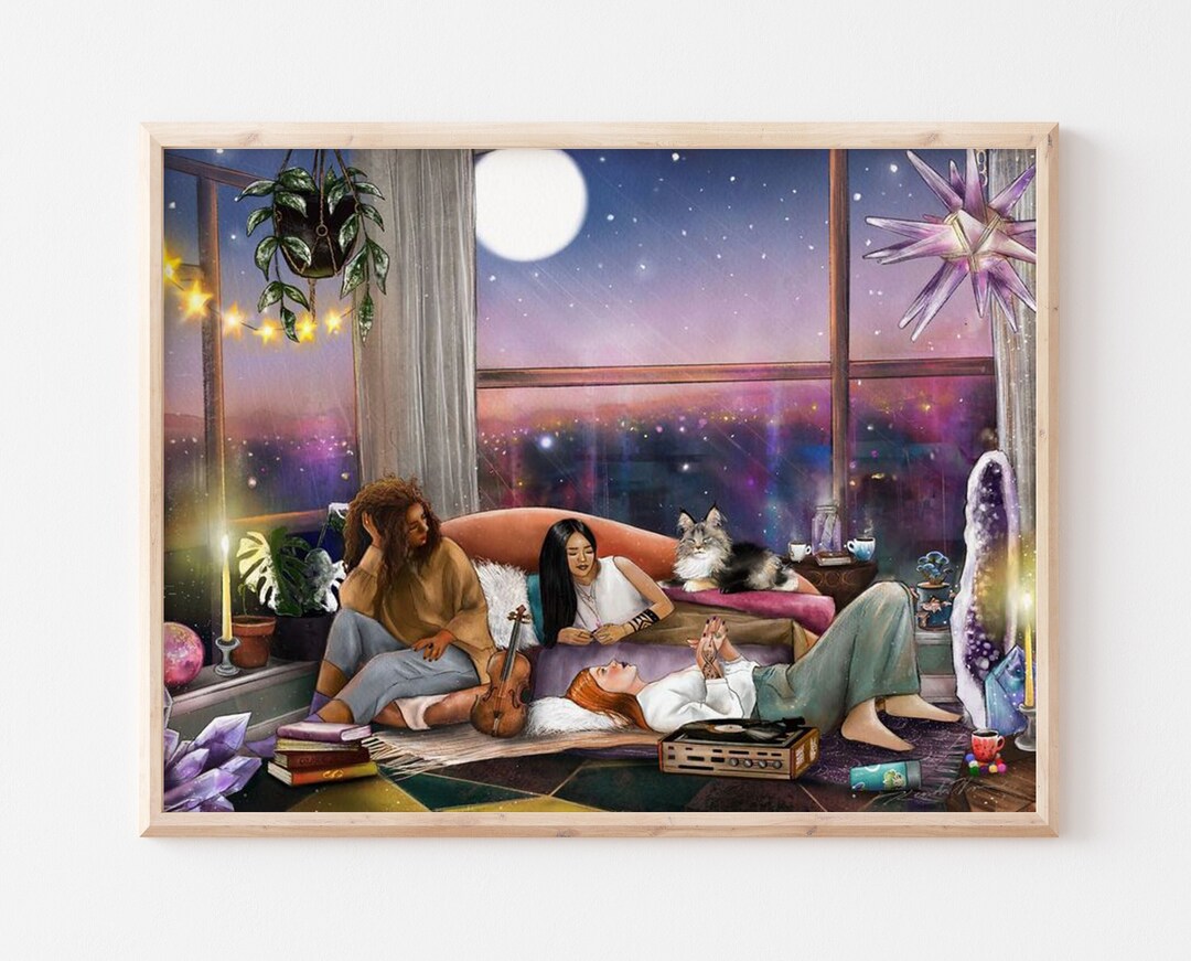 Girls' Night in Art Print: Witchy Full Moon Cityscape by Kendra Hirons ...