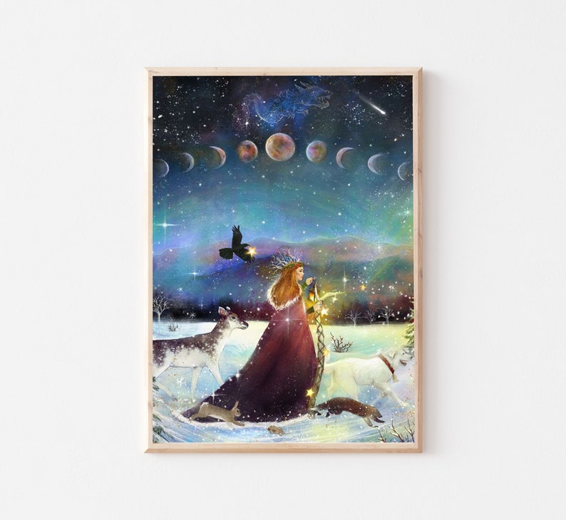 Winter Solstice Art Print: Yule Goddess, Stars, Moon Phases - Etsy