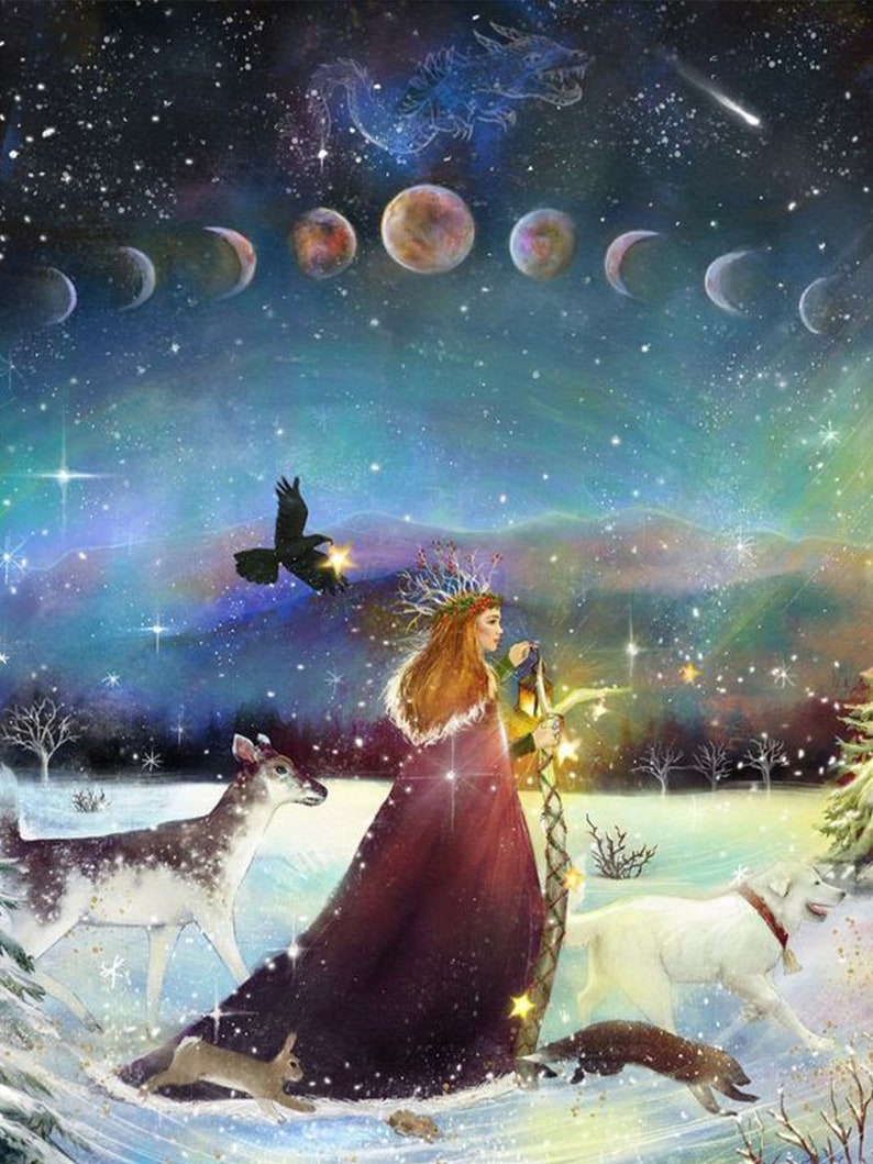 Winter Solstice Art Print: Yule Goddess, Stars, Moon Phases - Etsy