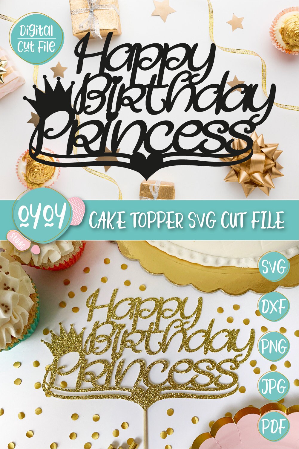 Princess Cake Topper SVG With Crown Happy Birthday Princess | Etsy