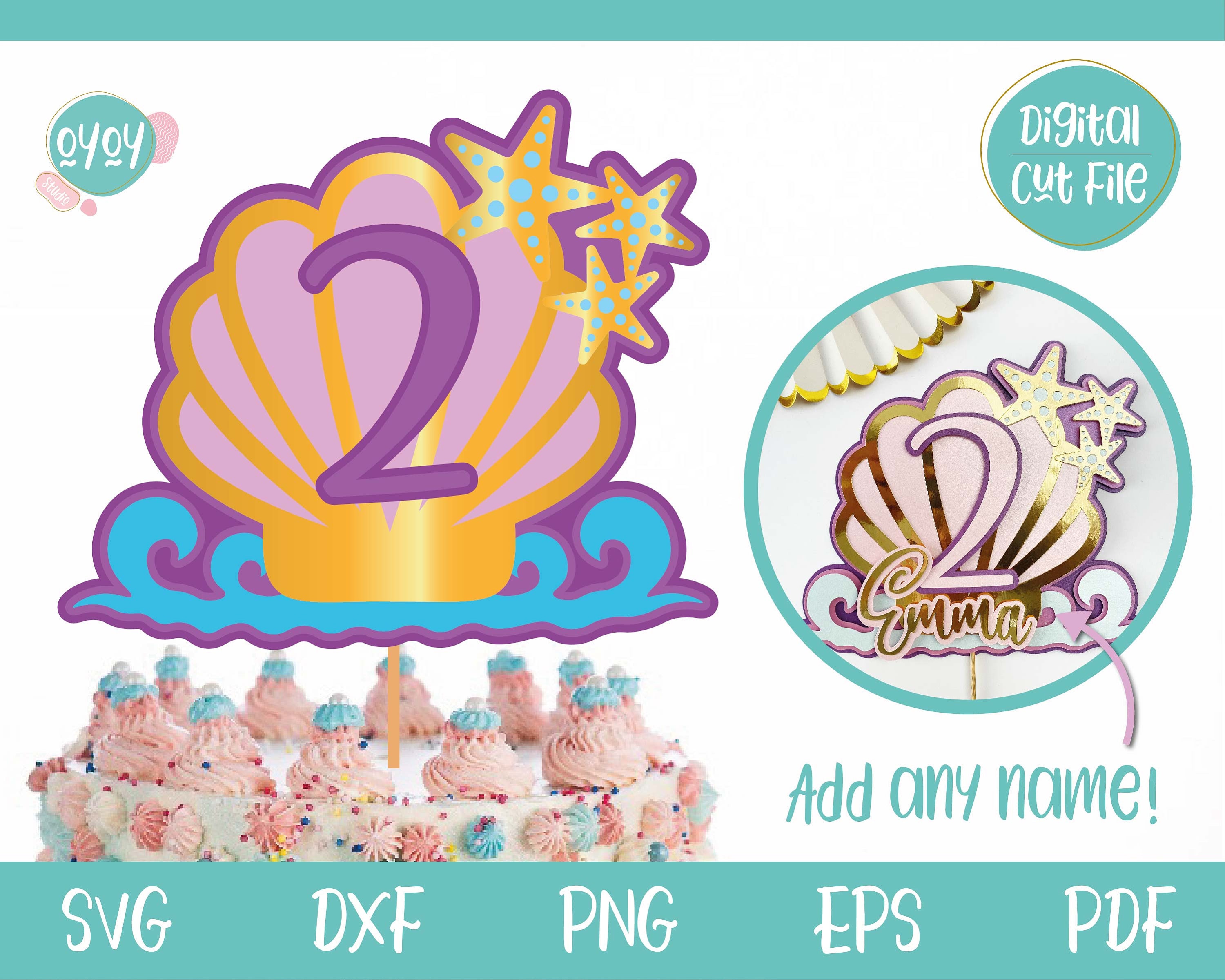 Sirène Layered Cake Topper SVG pour 2e anniversaire, 3D Cake Topper svg ...