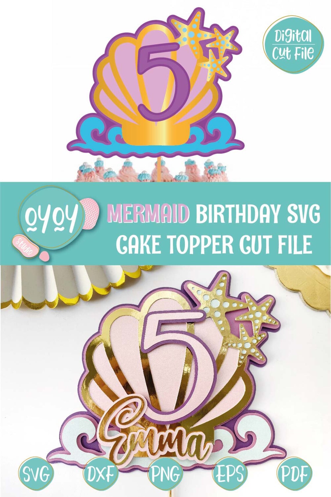Mermaid Layered Cake Topper SVG for 5th Birthday 3D Cake - Etsy