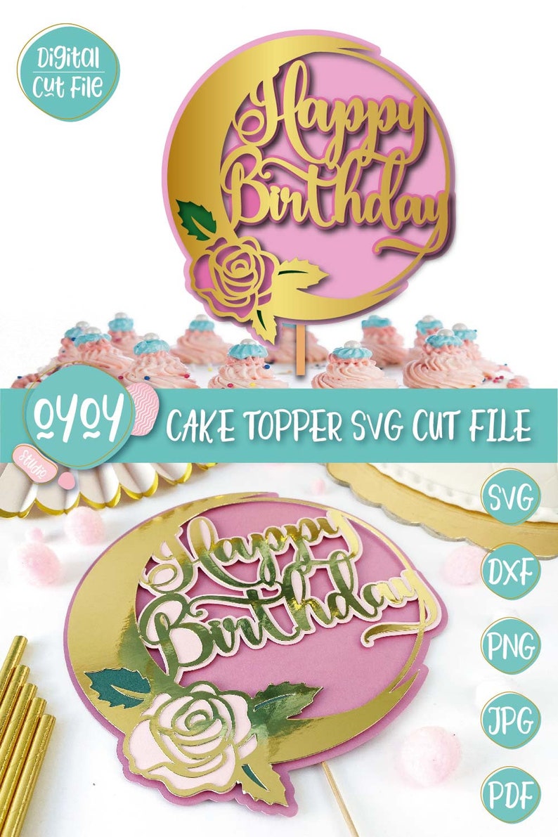 Layered Birthday Cake Topper Svg With Moon And Rose 3d Happy Etsy