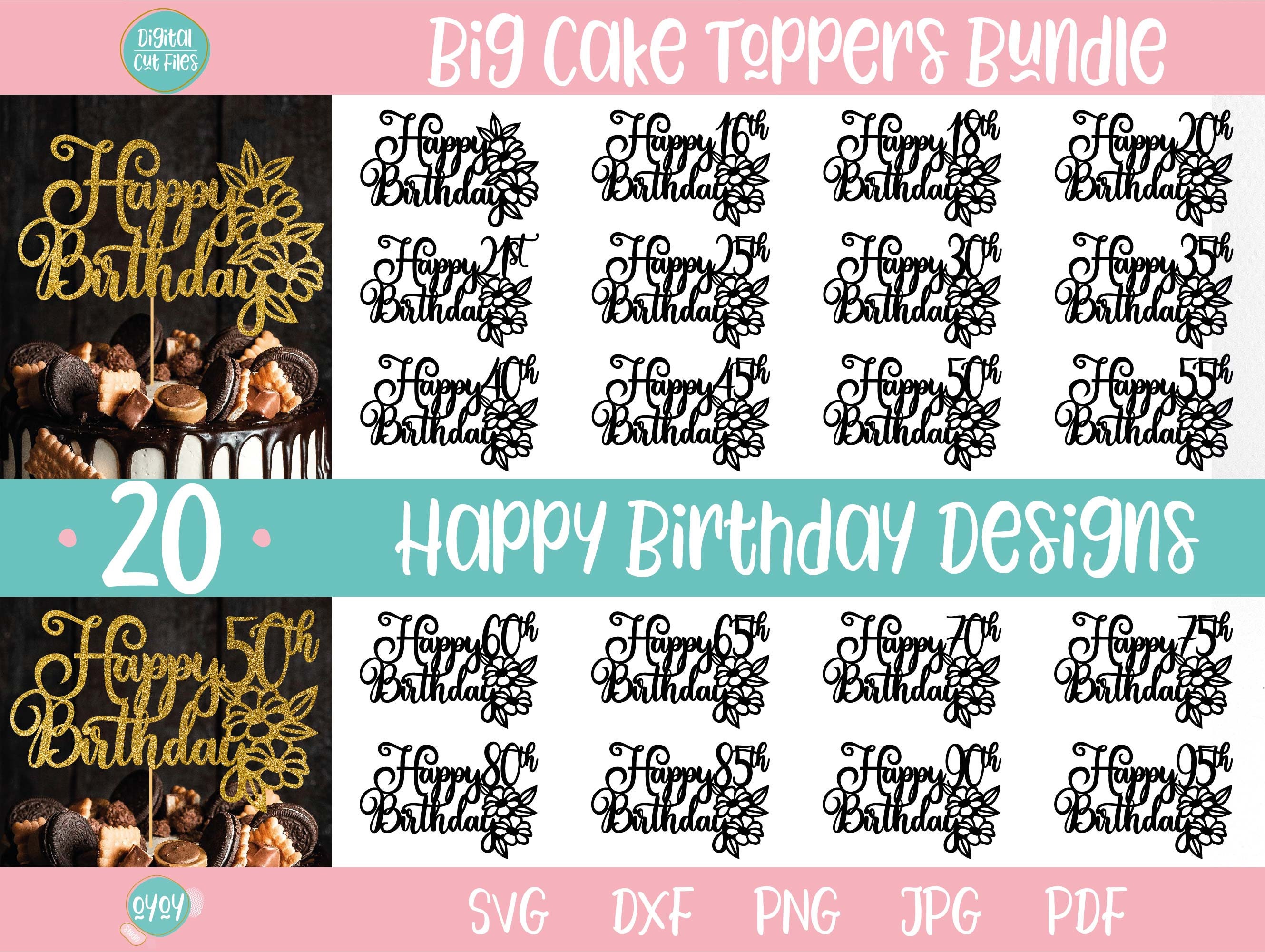 Birthday Cake Topper Bundle SVG Cake topper SVG Bundle Happy | Etsy