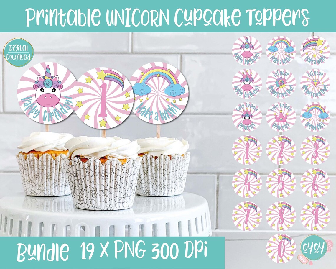 Printable Unicorn Birthday Cupcake Toppers PNG for Unicorn - Etsy
