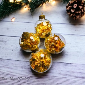 SET OF 4 Gold Leaf Filled Ornaments 2 Inch Glass Balls Prosperity Witch ...