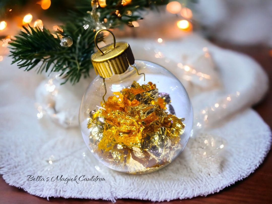SET OF 4 Gold Leaf Filled Ornaments 2 Inch Glass Balls Prosperity Witch ...