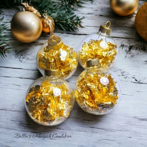 SET OF 4 Gold Leaf Filled Ornaments 2 Inch Glass Balls Prosperity Witch ...
