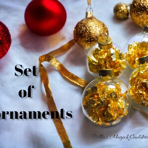 SET OF 4 Gold Leaf Filled Ornaments 2 Inch Glass Balls Prosperity Witch ...