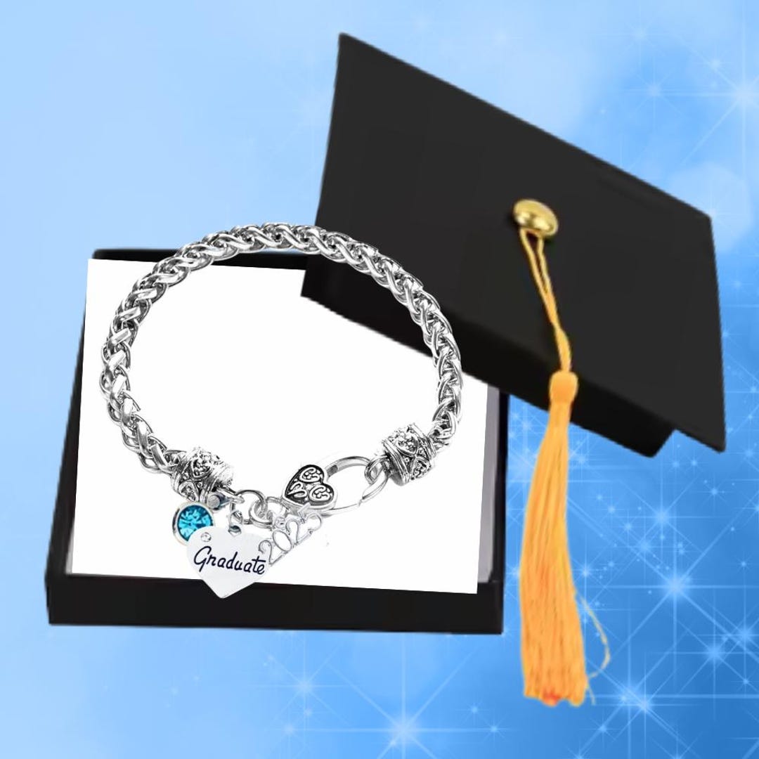 Graduation Charm Bracelet for Her, Silver Braided Chain Graduate Heart ...