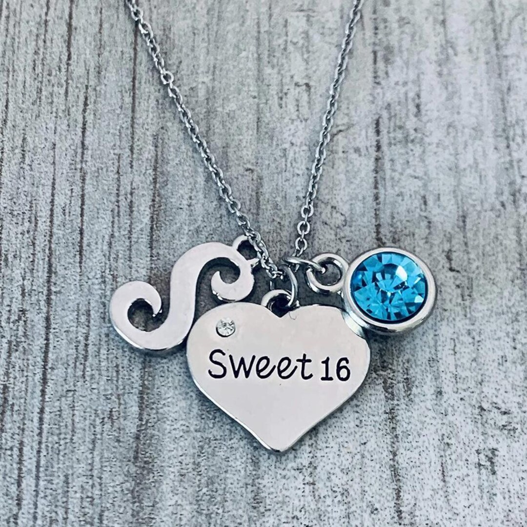 Personalized Sweet 16 Charm Birthday Necklace With Letter & Birthstone, Sweet Sixteen Jewelry ...