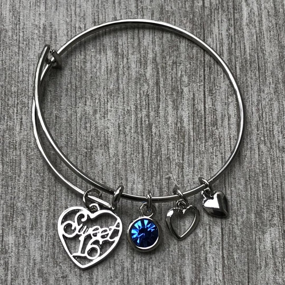Custom Sweet 16 Charm Bracelet With Birthstone and Initial, Adjustable ...