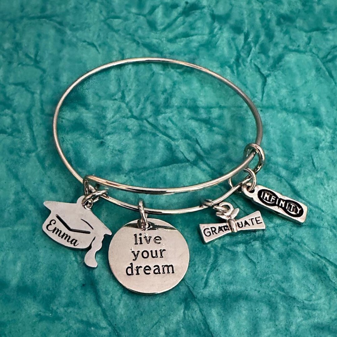 Graduation Bangle Bracelet With Name Cap Charm, Live Your Dream Grad ...