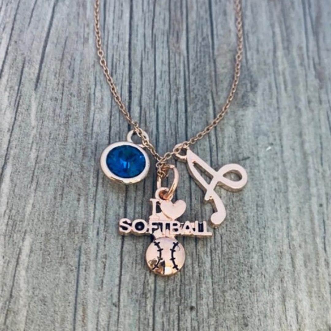 Personalized Girls Softball Necklace, Custom Rose Gold Softball ...