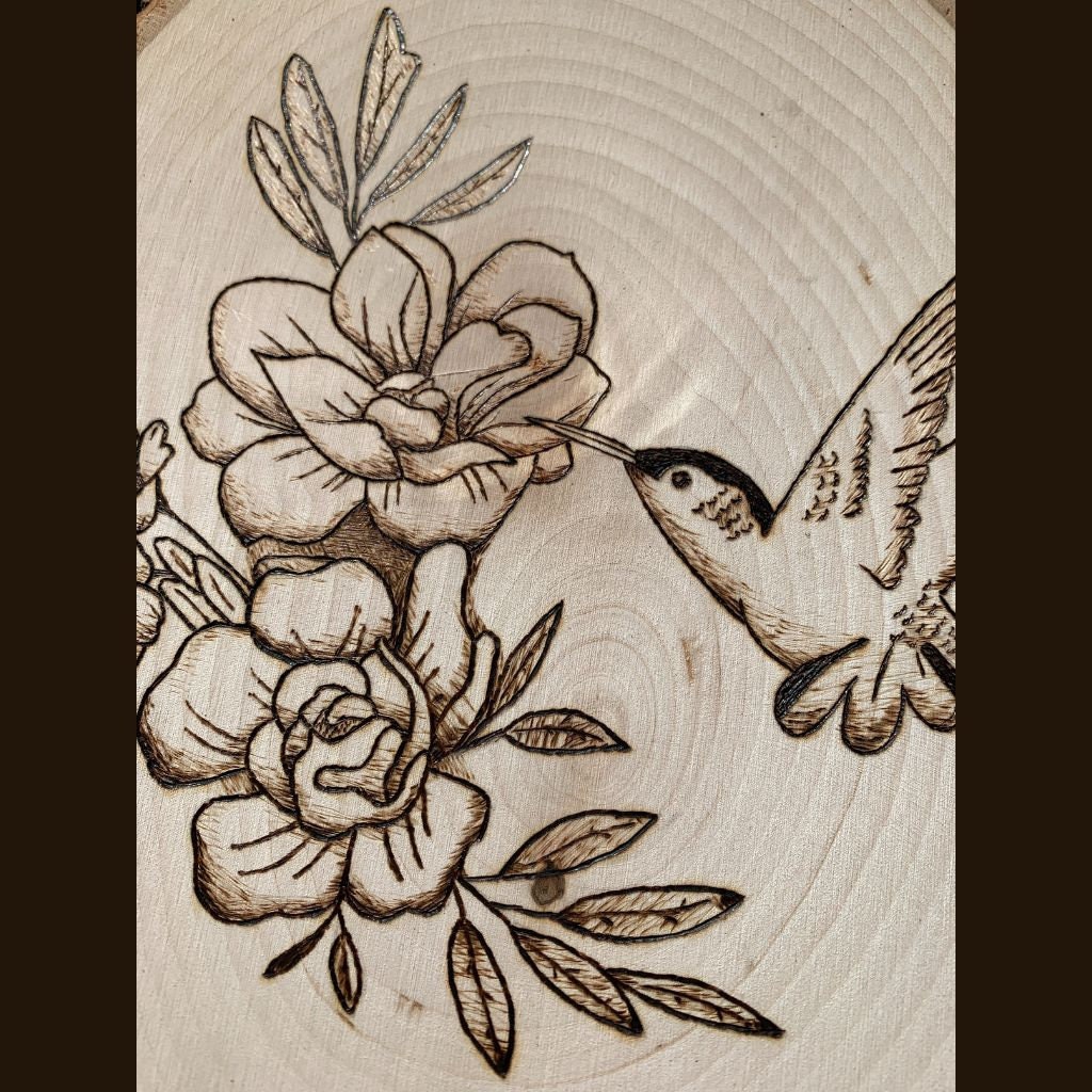 Handmade Wood Burning Hummingbird and Flowers, Wood Art, Wood Burning ...