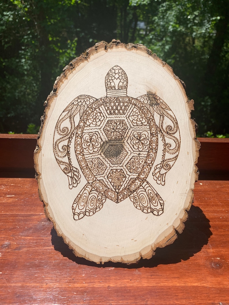 Tribal Turtle Woodburn Art on Live Edge Wood Wall Art Handmade, Pyrography Turtle - Etsy