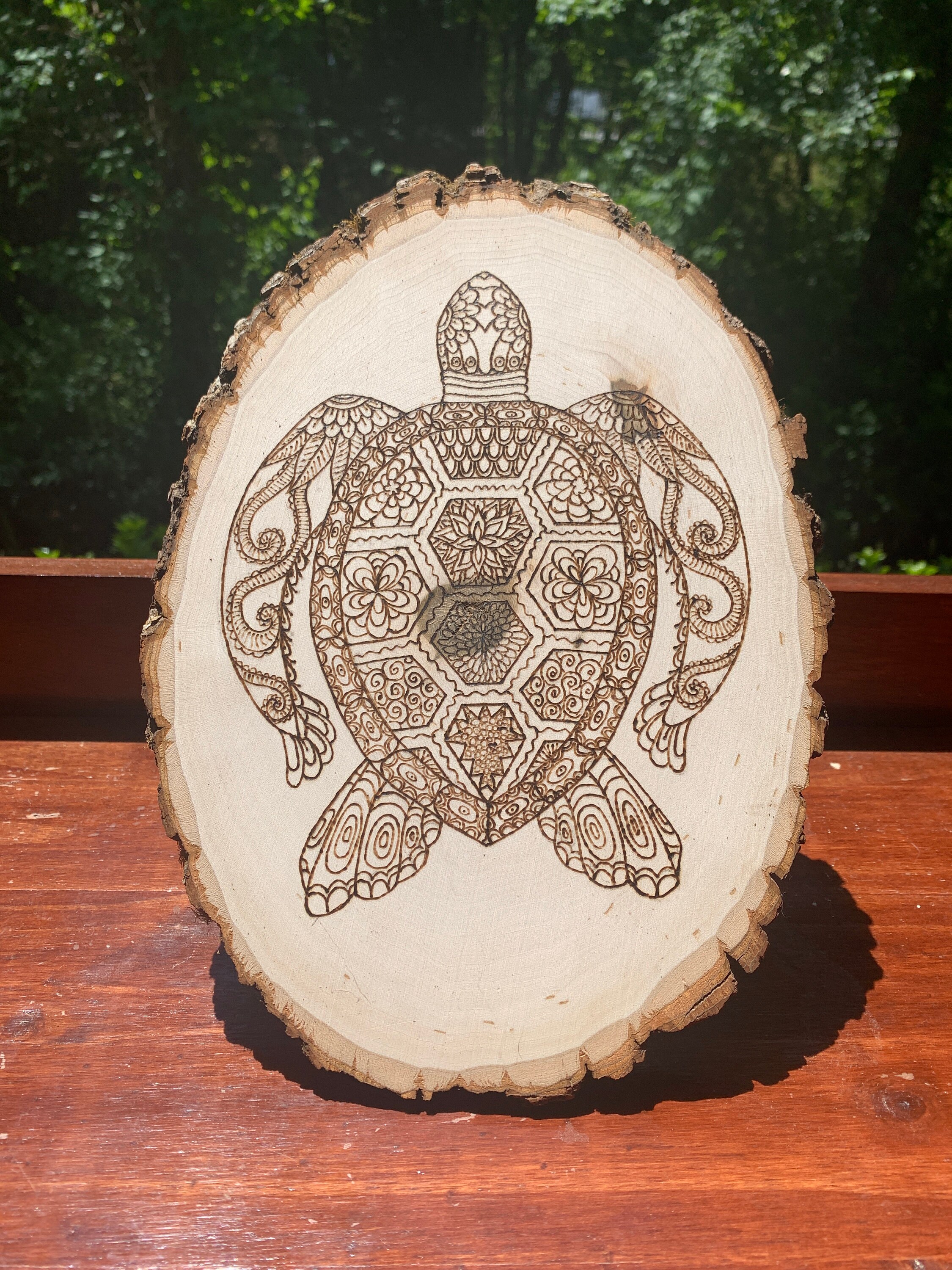 Tribal Turtle Woodburn Art on Live Edge Wood Wall Art Handmade ...