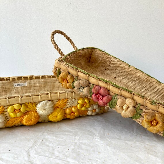 Vintage Retro Woven Floral Raffia Trays / Set of 2 Serving | Etsy