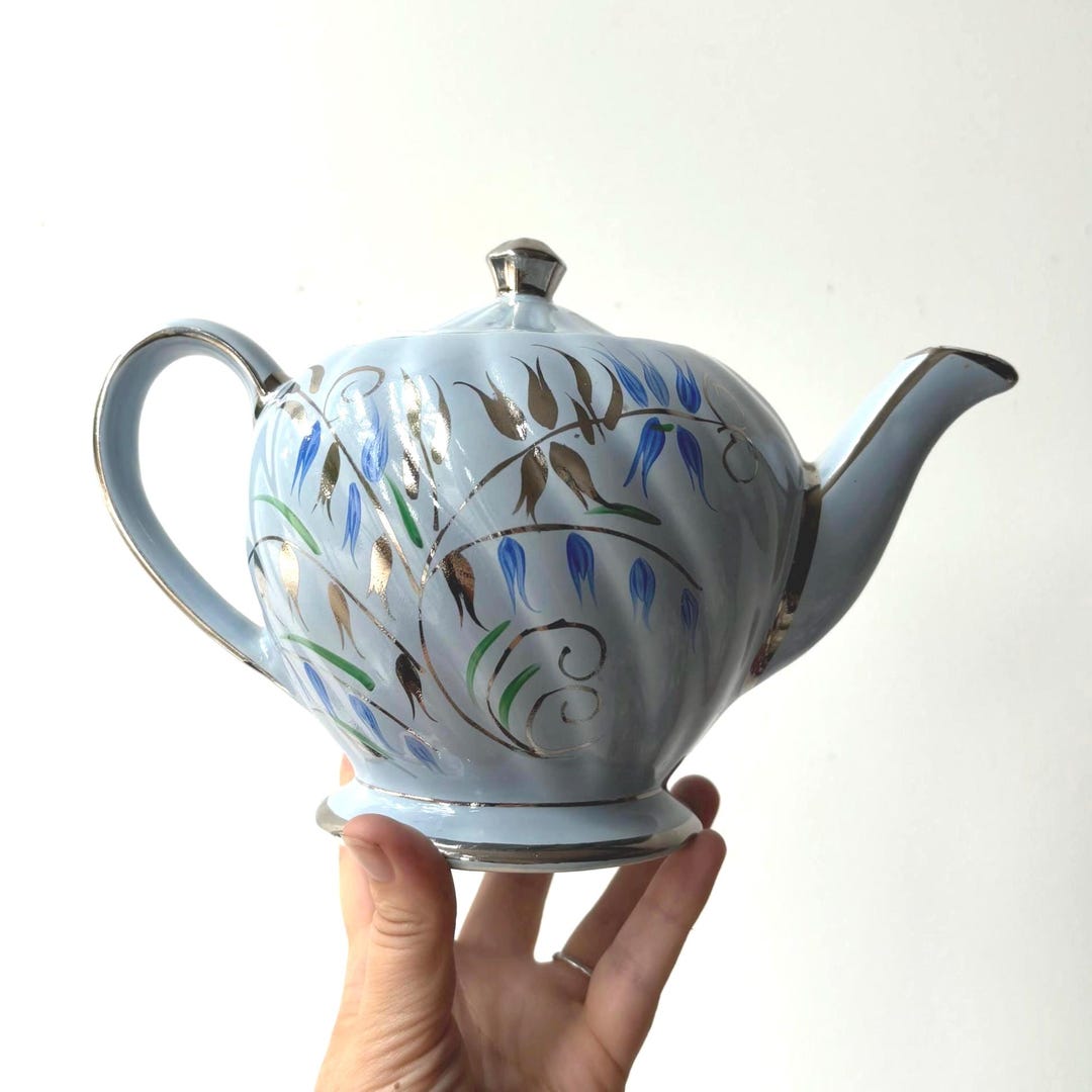 Vintage Cermaic Sadler Light Blue Teapot With Silver Trim and Painted ...