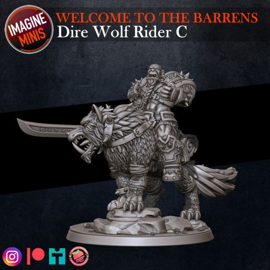Orc Dire Wolf Rider. Pose C Barrens Set 32mm Scale Unpainted Miniature ...