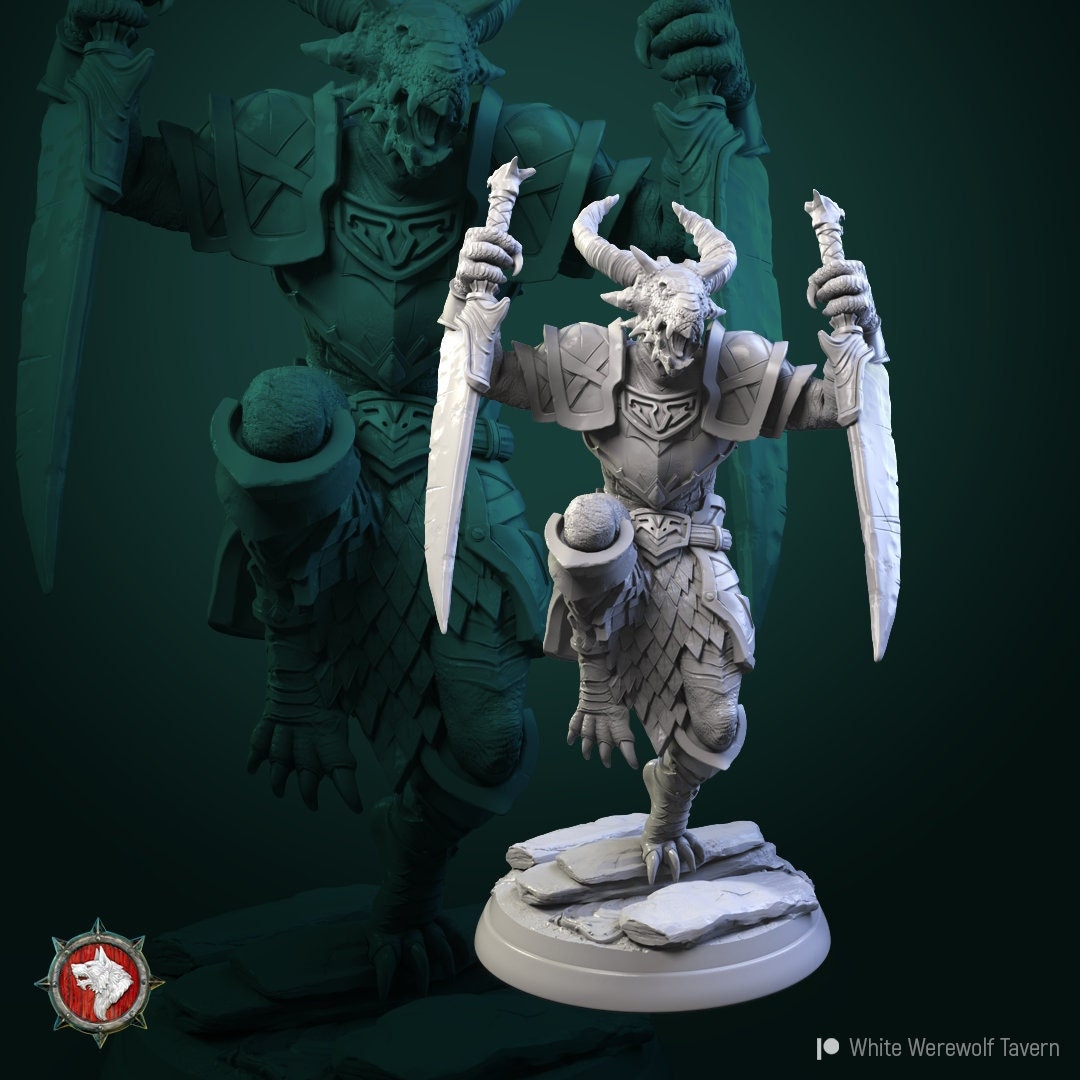 Dragonborn Warrior With Two Swords - 32mm Scale - Unpainted Miniature ...