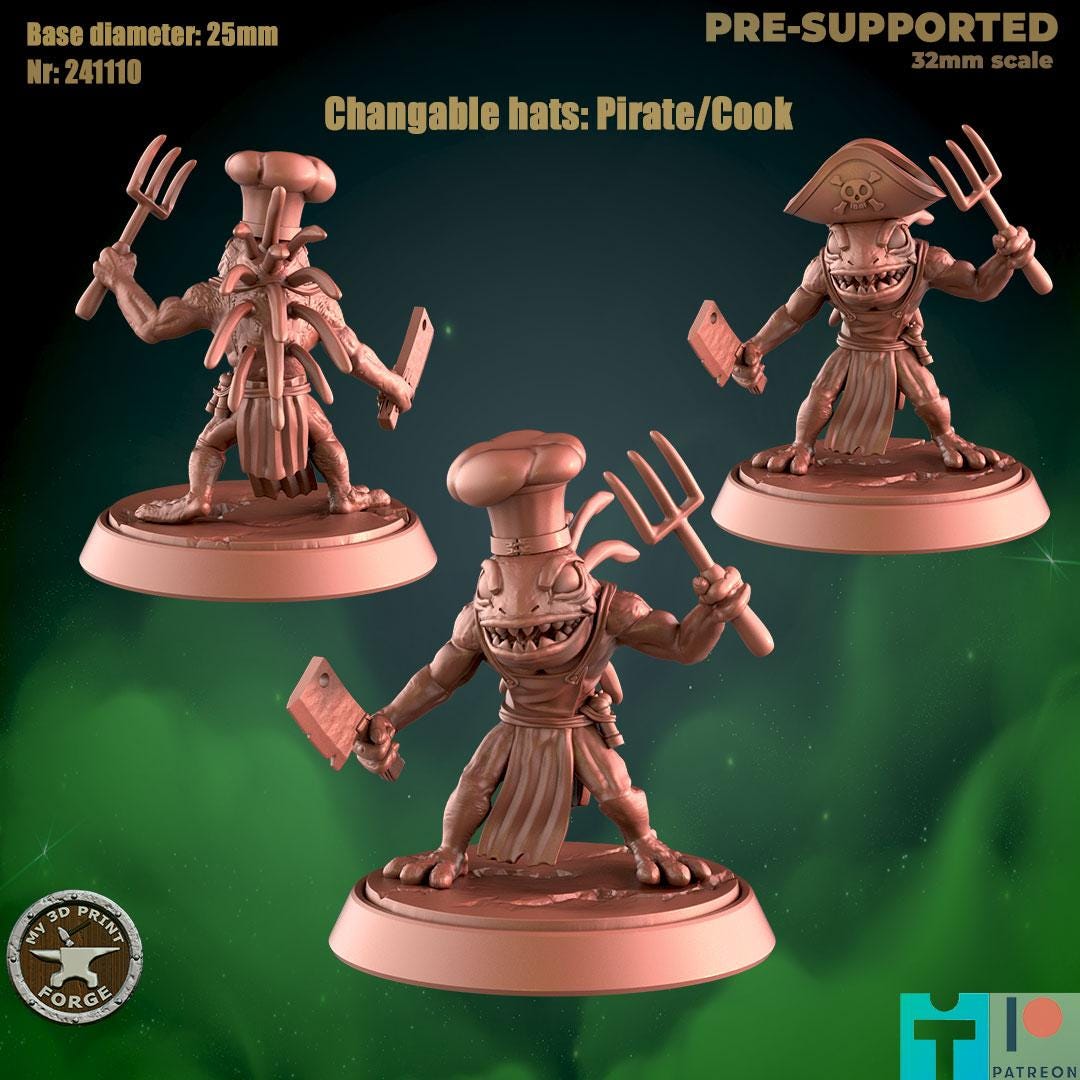 Chef Captain, Attacking, Aquatic Monster 32mm Scale Unpainted Miniature ...