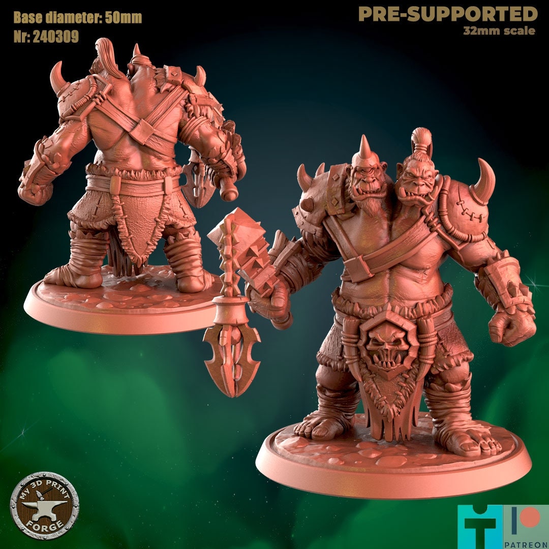 Two-headed Ogre - 2 Poses - 32mm Scale - Unpainted Miniature for Dnd ...