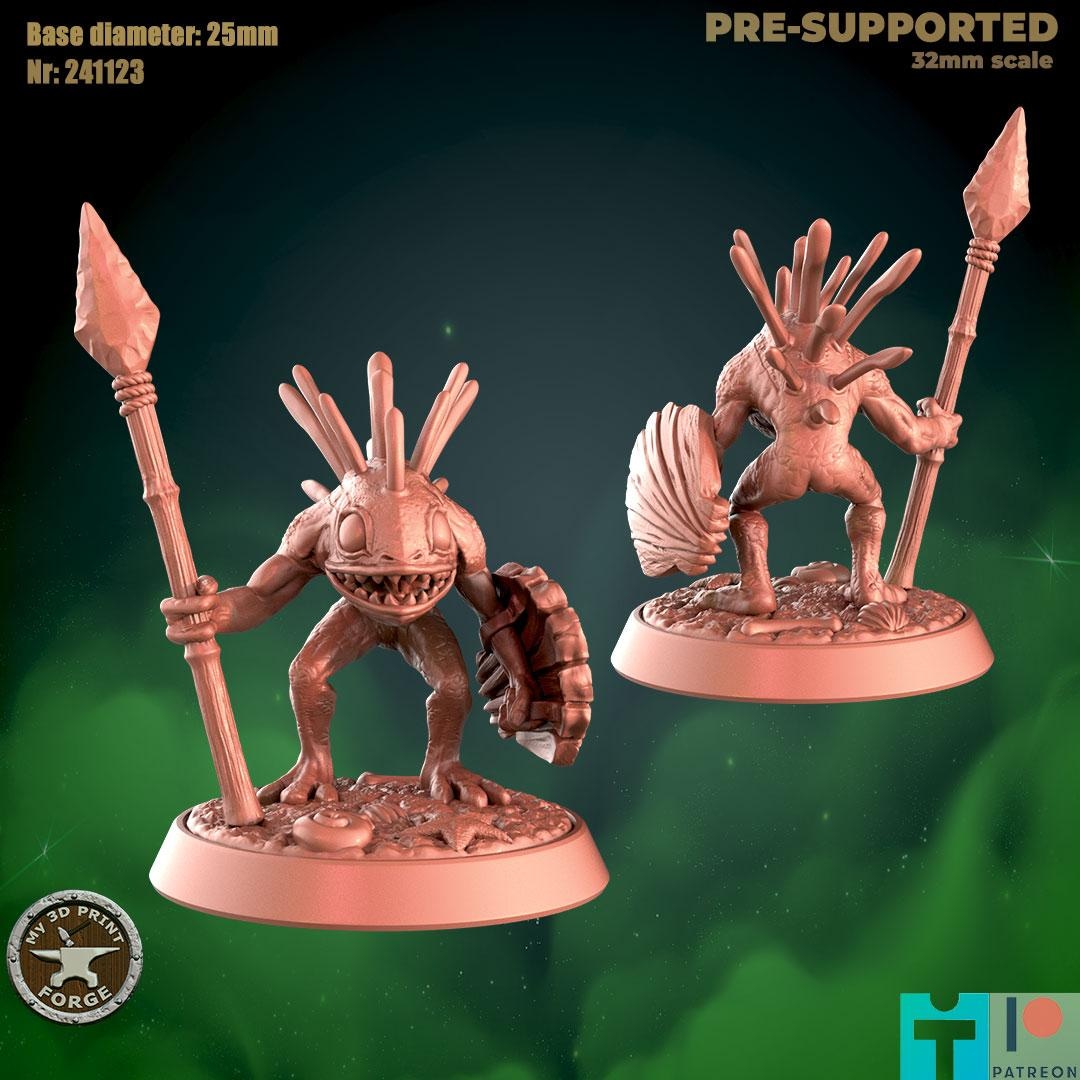 Aquatic Monster, Spearman, 3 Poses 32mm Scale Unpainted Miniature for ...
