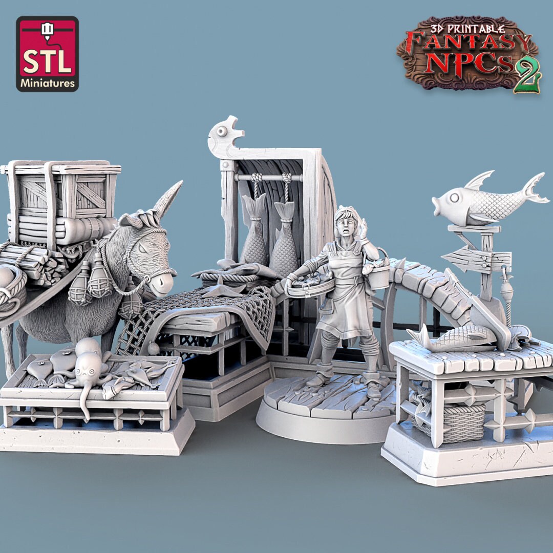 Fish Vendor Set, Fishmonger Miniature - Npcs & Townsfolk - 32mm Scale ...
