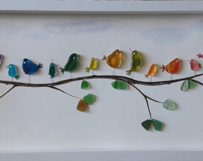 Rainbow Birds On A Branch Sea Glass Picture And Pebbles Framed Unique Handmade Seaglass Art Etsy