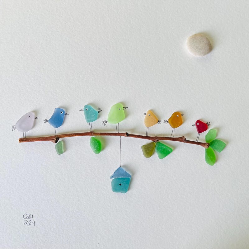 Sea Glass Birds on Branch Decor - Etsy