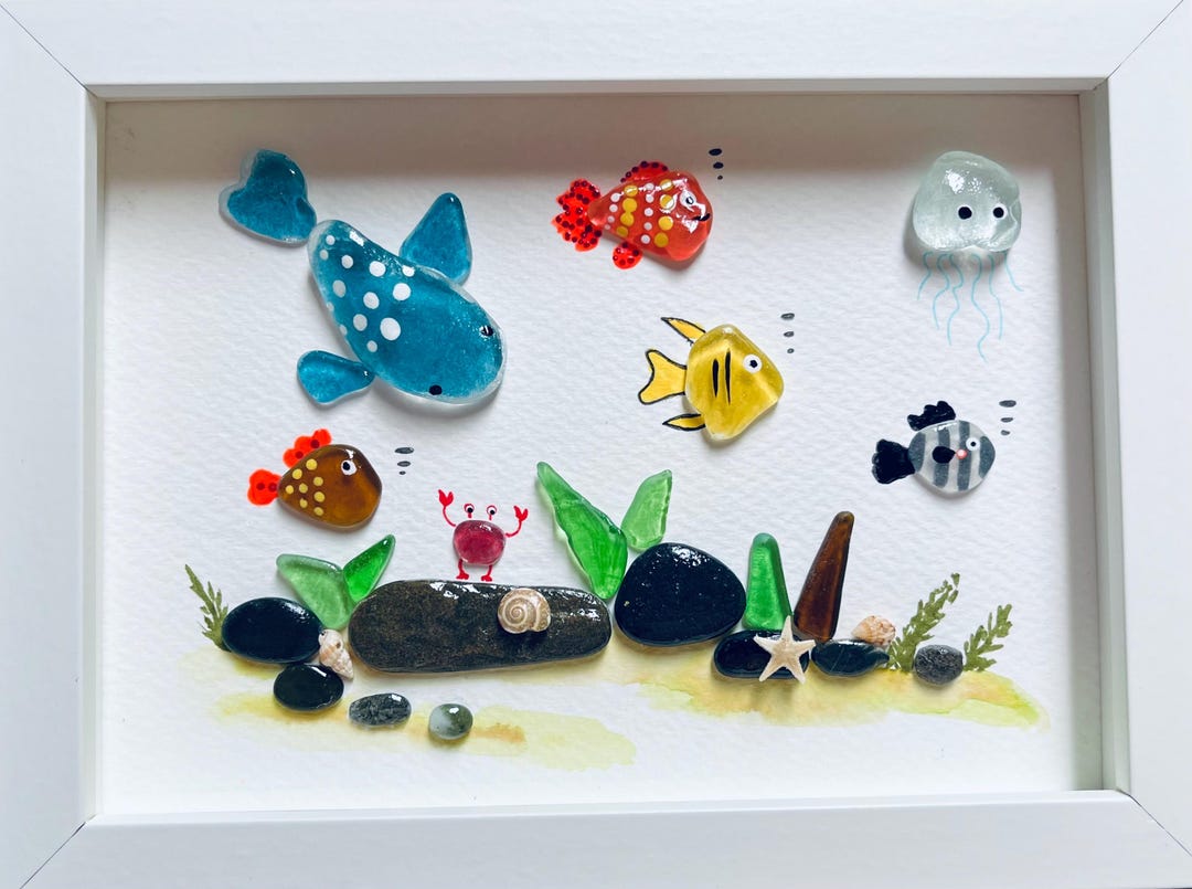 Sea Glass Art - Rainbow Fish - Sea Glass and Pebble Picture - Unique ...