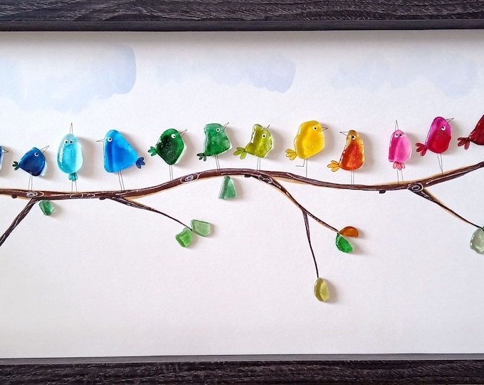 Rainbow Birds on a Branch Sea Glass Picture & Pebbles Framed Unique ...