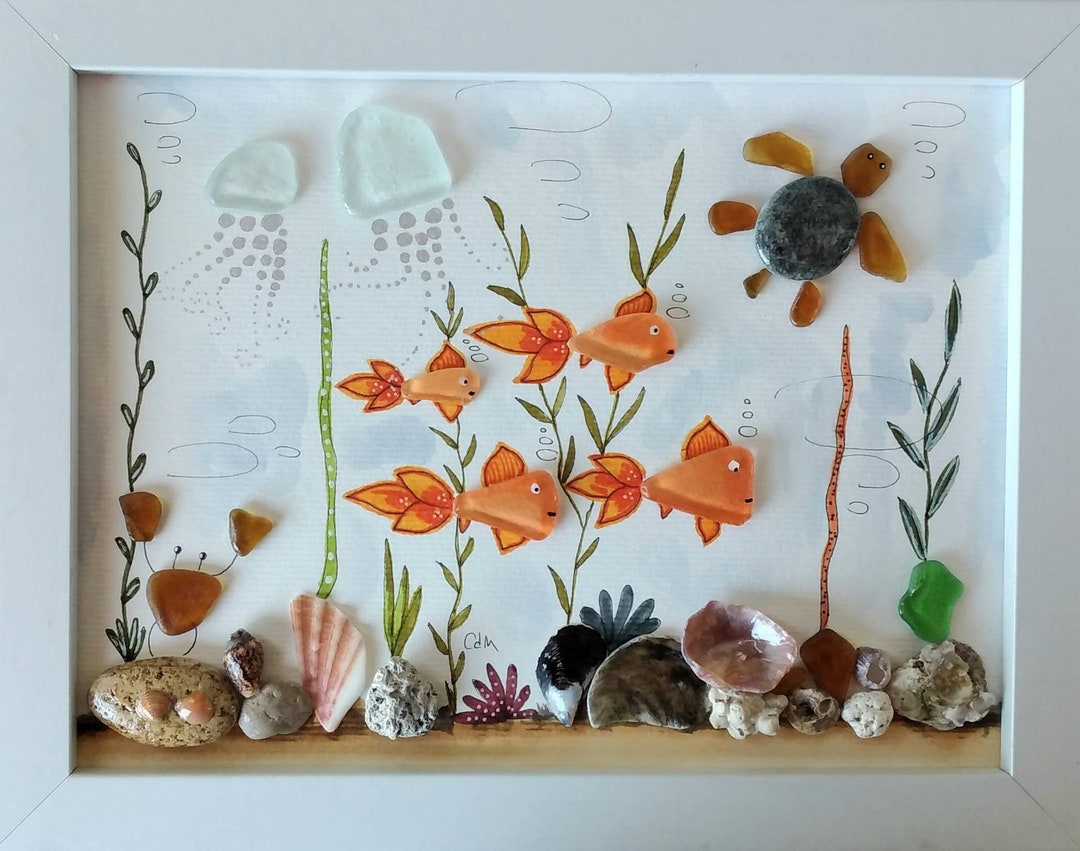Sea Glass Art Seabed and Sea Glass Fish Sea Glass and Pebbles Painting ...