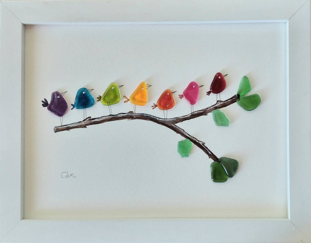 Rainbow Birds On A Branch Sea Glass Picture And Pebbles Framed Unique Handmade Seaglass