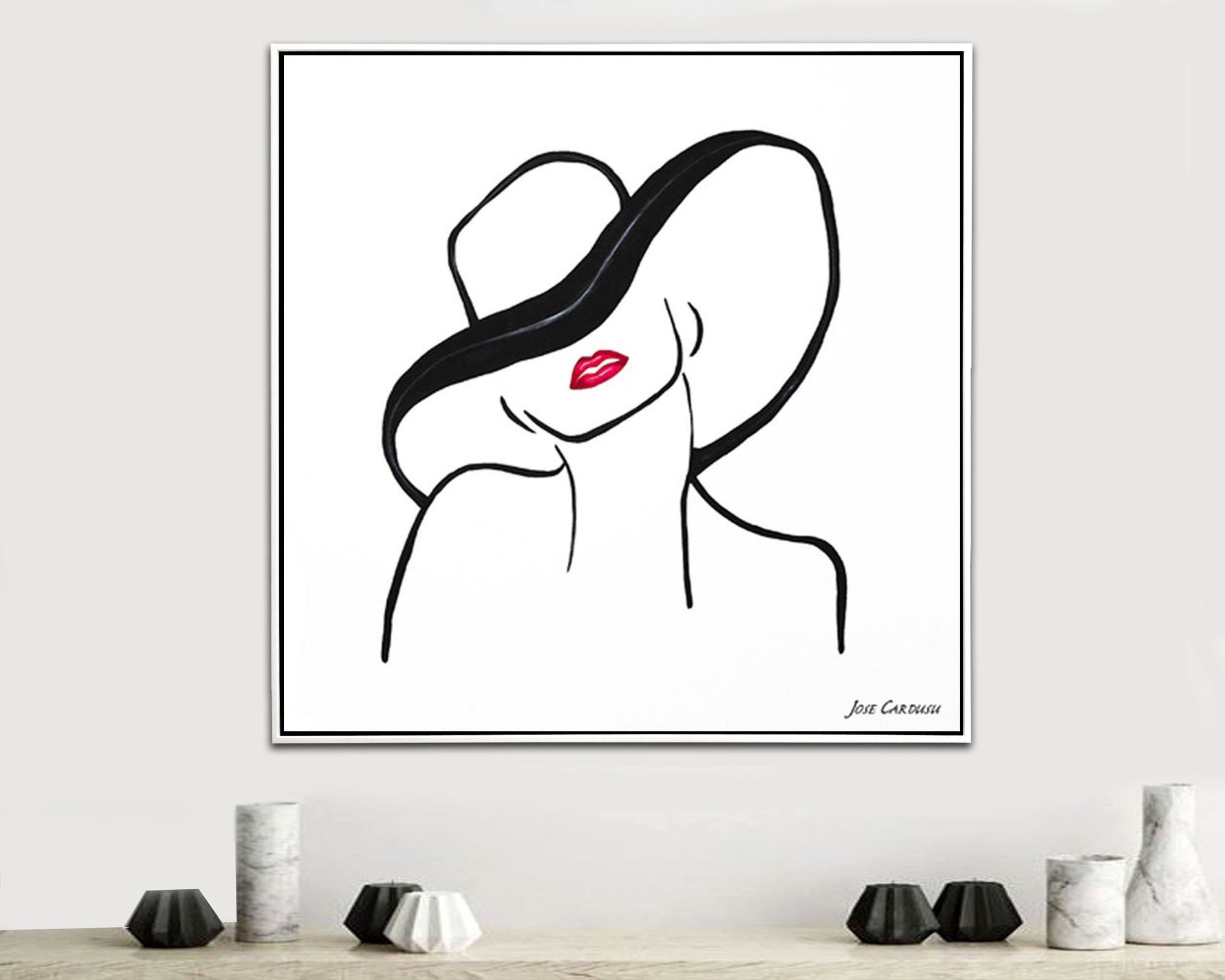 Cuadro de mujer minimalista, Pintura de línea minimalista, Cuadro blanco negro y rojo, Cuadros ...