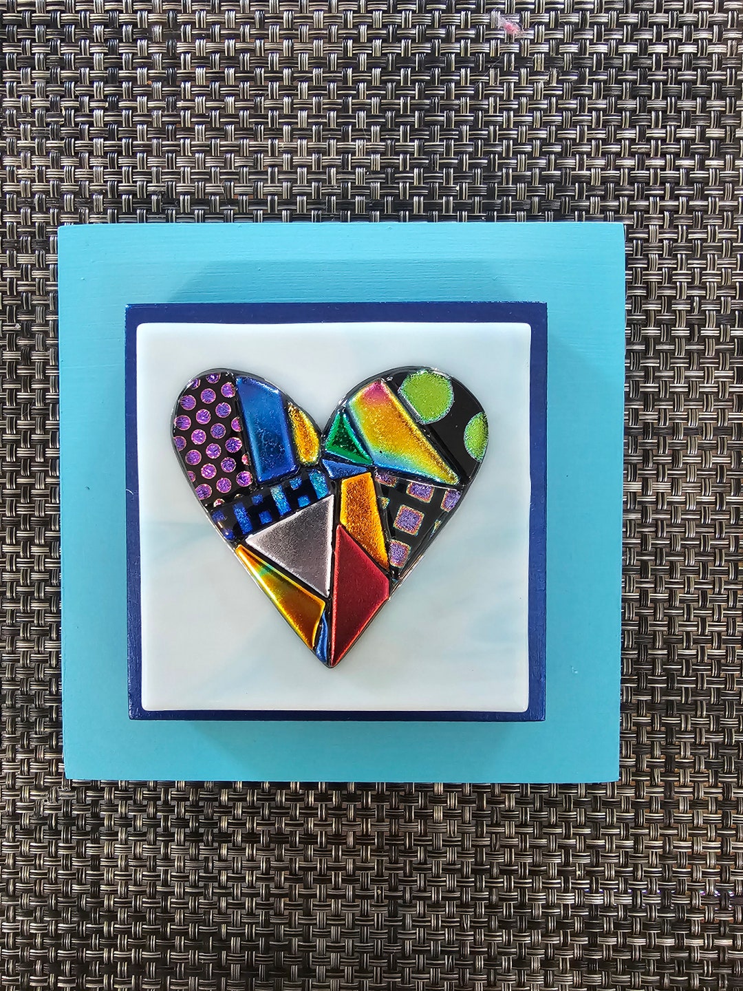 Framed Multicolor Mosaic Heart Fused Dichroic Glass on Blue and White ...