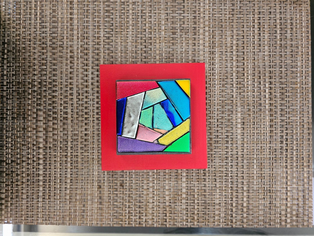 Fused Glass Multicolor Maze Series Piece on Red Frame Wall Art by Gary ...