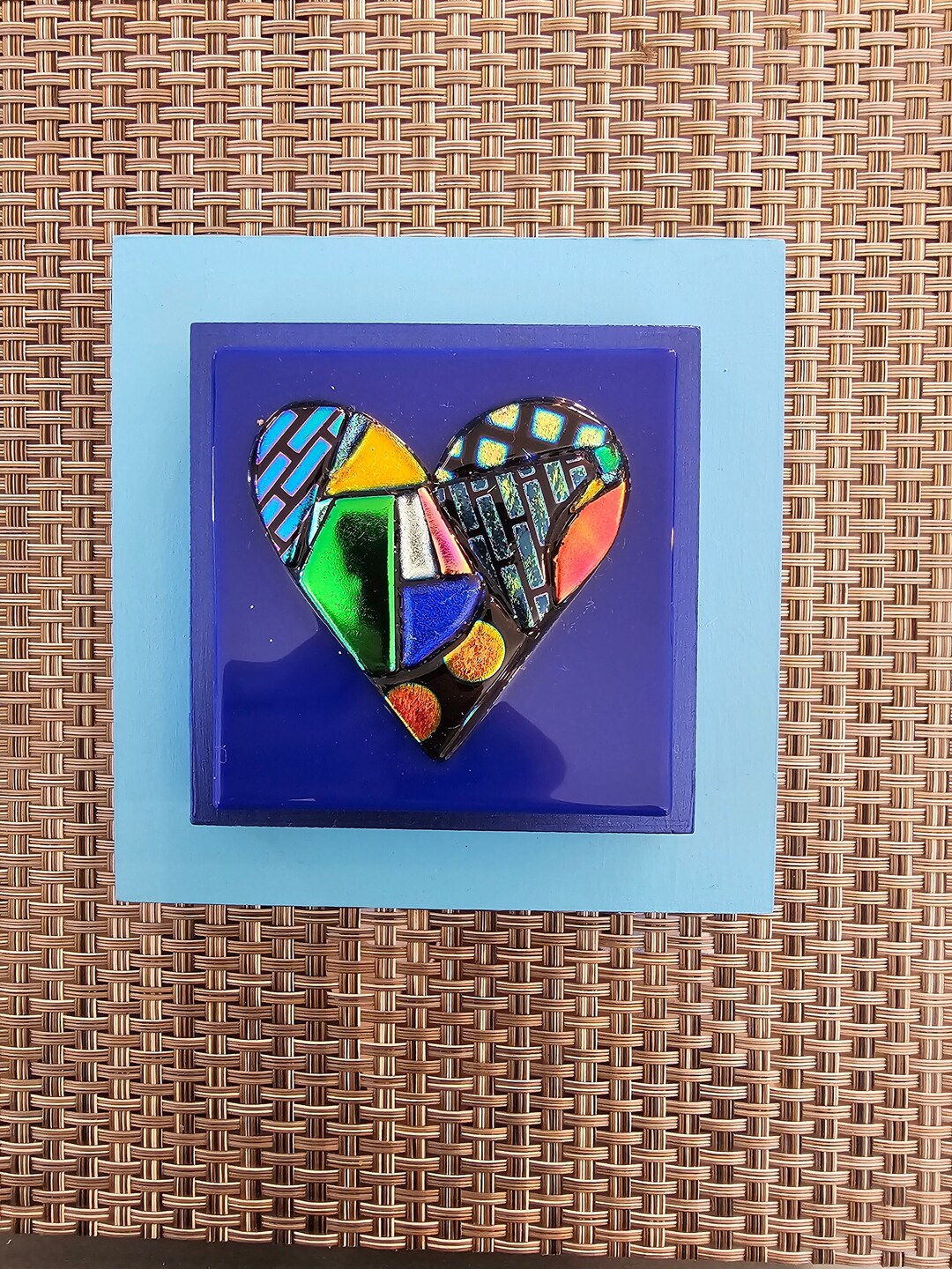 Framed Multicolored Heart Fused Dichroic Glass on Blue Glass and Frame ...
