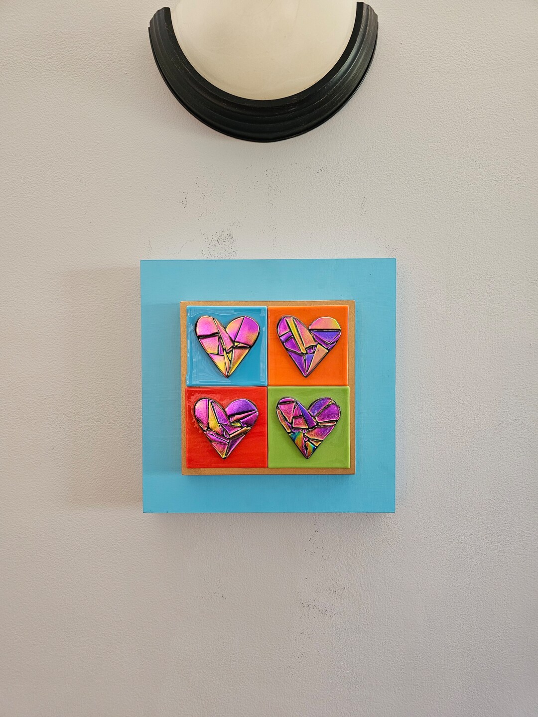 Pink and Gold 4 Hearts Fused Dichroic Mosaic Glass Wall Art on Blue ...