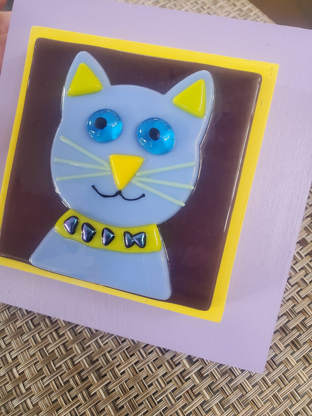 Fused Glass Purple Cat With Features on Purple Glass on Purple Frame ...