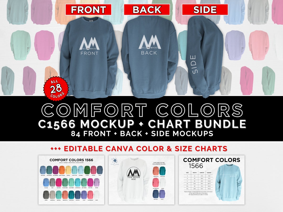 Editable Comfort Colors 1566 Color Chart, Size Chart & PNG Front, Back ...