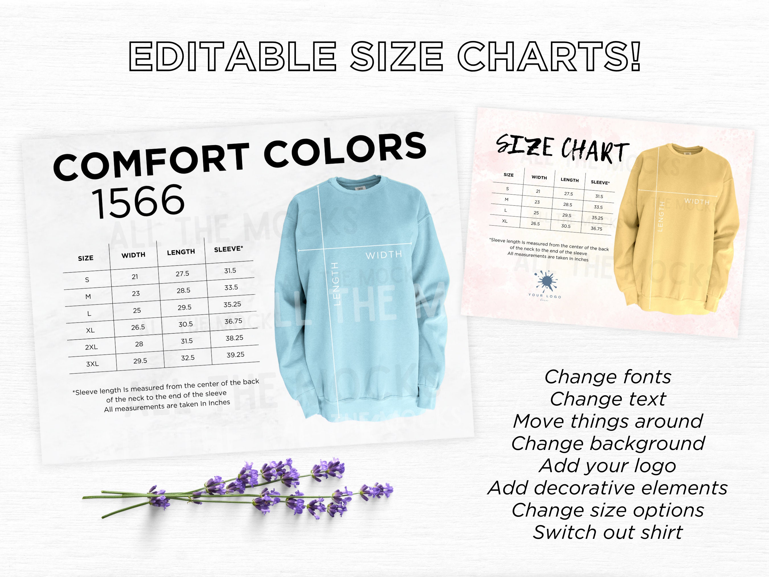 Editable Comfort Colors 1566 Color Chart, Size Chart & PNG Front, Back ...