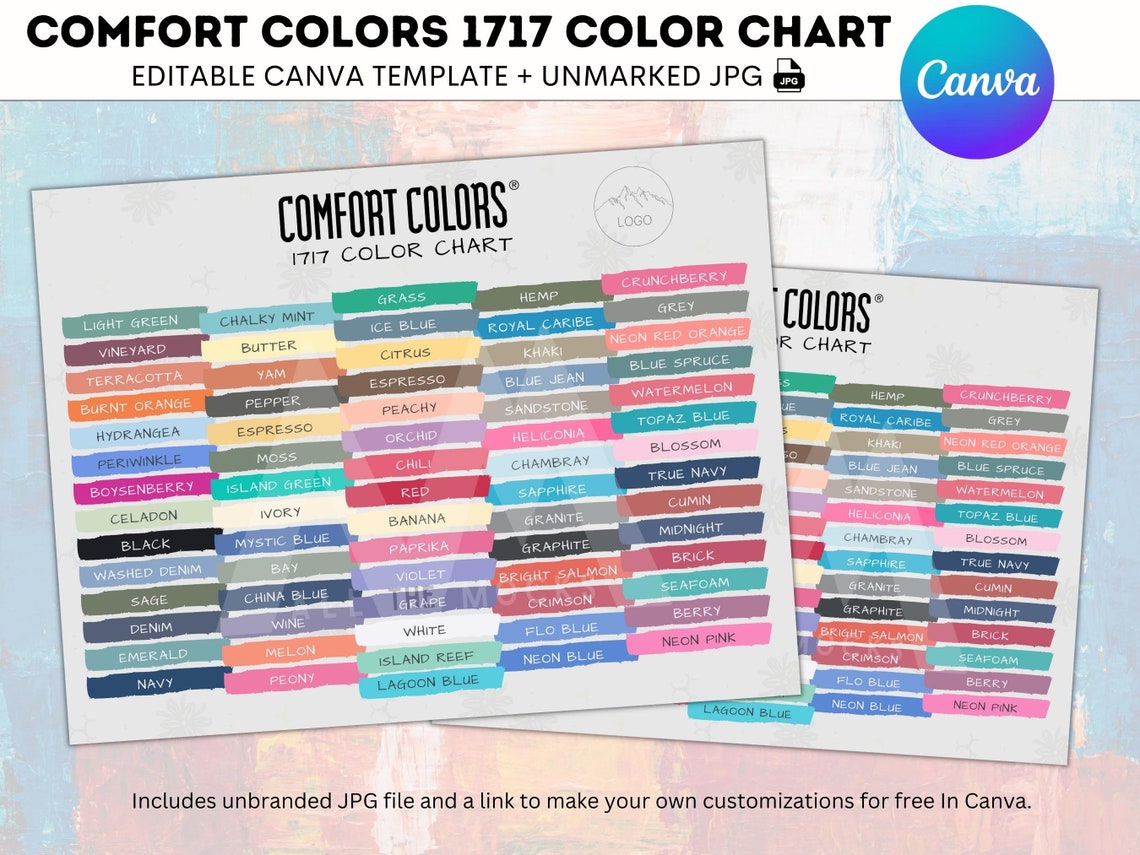 Editable Comfort Colors 1717 Color Chart Digital File Color Chart for ...