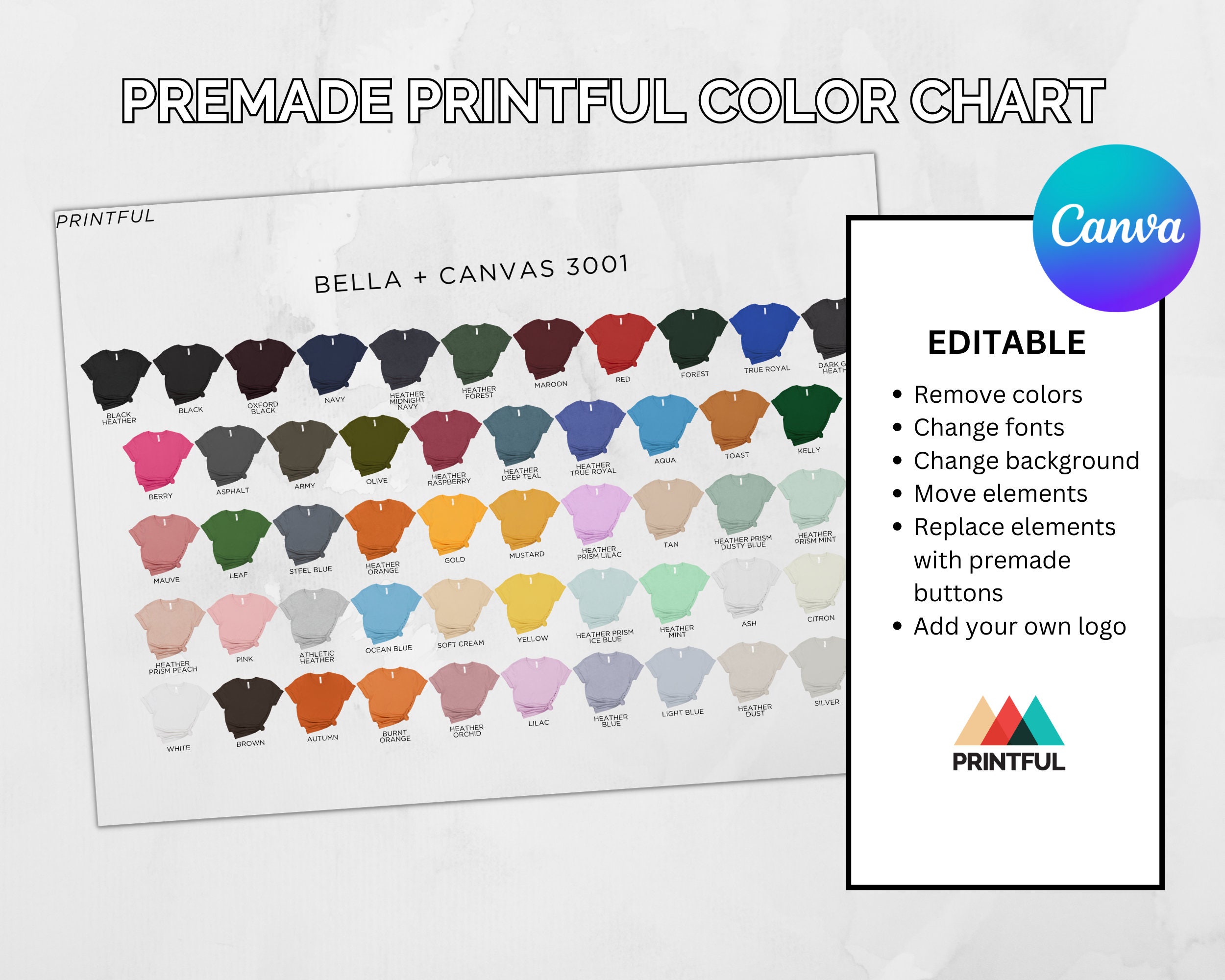 Bella Canvas 3001 Editable Color Chart Bella Canvas - Etsy