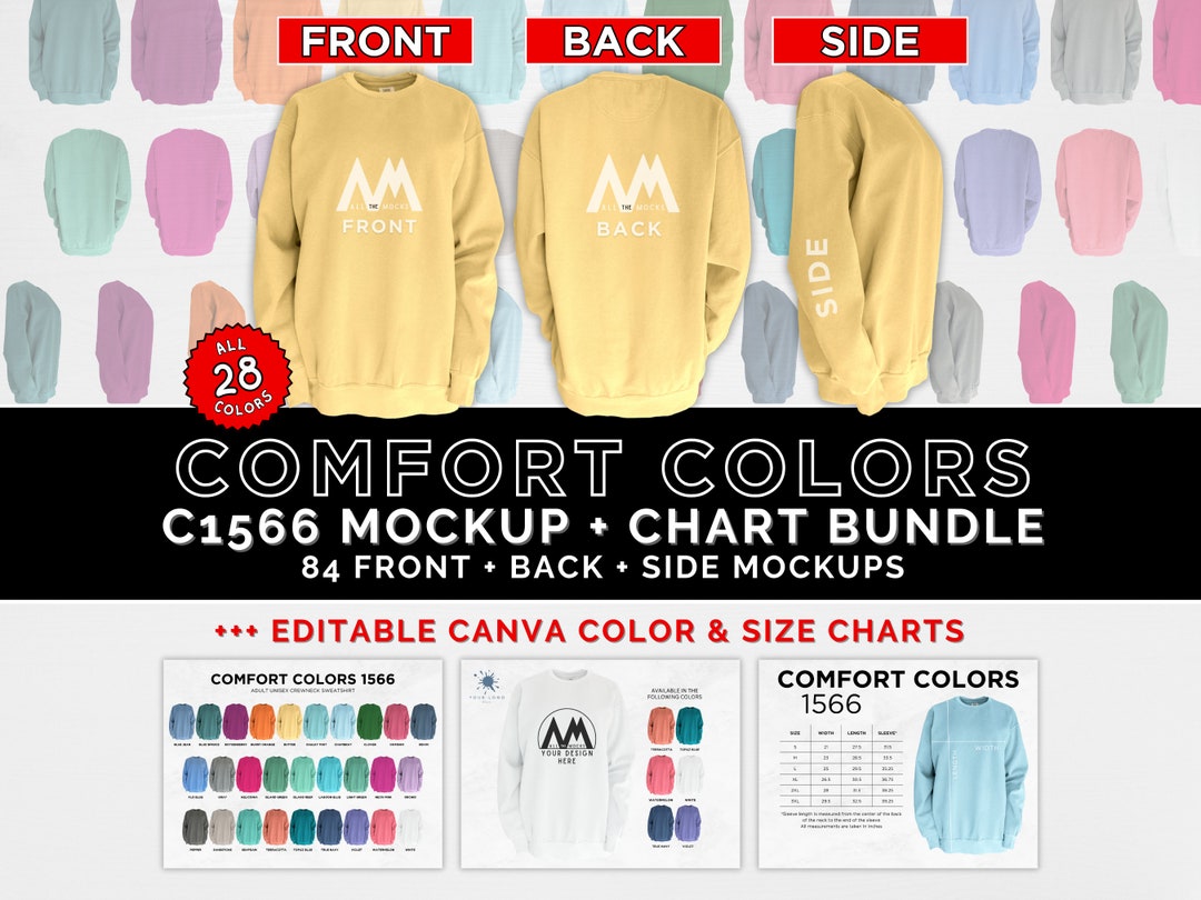 Editable Comfort Colors 1566 Color Chart, Size Chart & PNG Front, Back ...