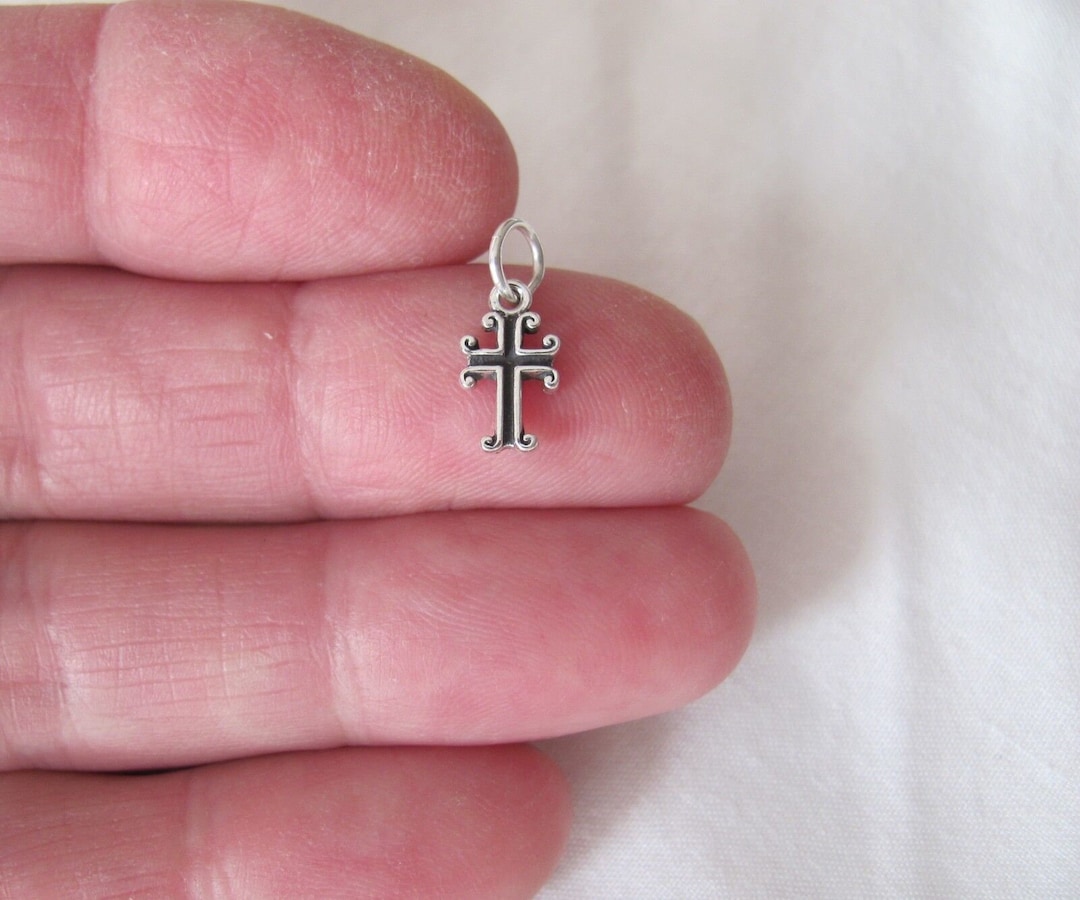 Very Small Solid Sterling Silver Scrolled Cross Mini Tiny Charm. (brand ...