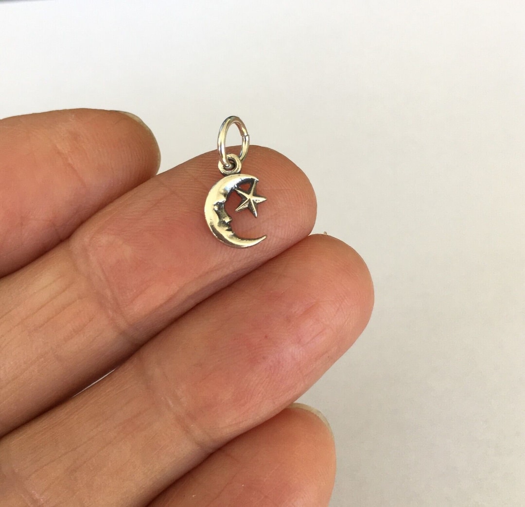 Very Small Solid Sterling Silver Crescent Moon and Star Mini Tiny Charm ...