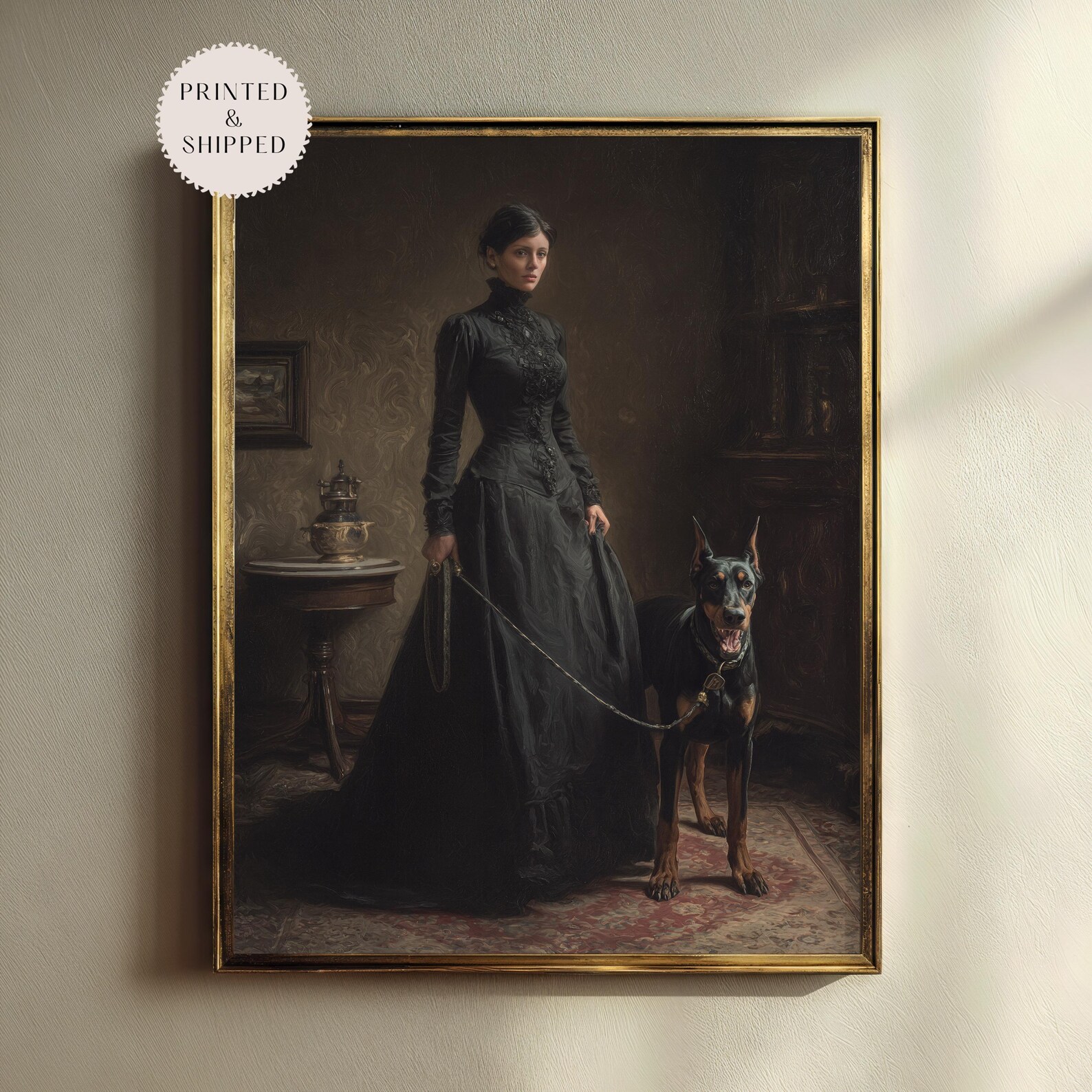 Victorian Woman Doberman Wall Art Print, Vintage Dark Academia Decor ...