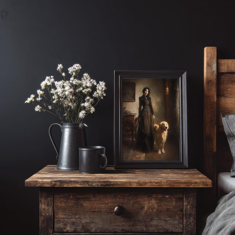 Victorian Woman Golden Retriever Wall Art Print, Vintage Dark Academia ...